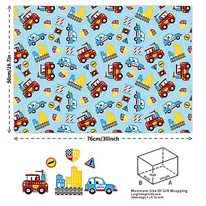 Red Fire Trucks and Police Car On Blue Wrapping paper for Boys Men Kids, Birthday Party Baby Shower Holiday Christmas Gift Wrap - Folded Flat 30 x 20 Inch - 4 Sheets