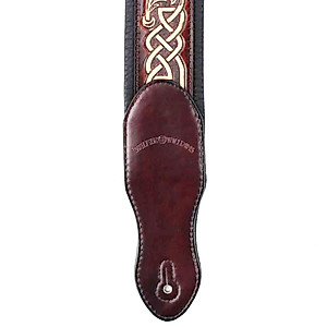 Walker & Williams KB-05-BRN Dark Walnut Full Grain Center Block Carving Leather Padded Guitar Strap With Aged White Celtic Chain