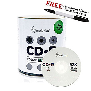 Smartbuy 100-disc 700mb/80min 52x CD-R Logo Top Blank Recordable Disc + Black Permanent Marker