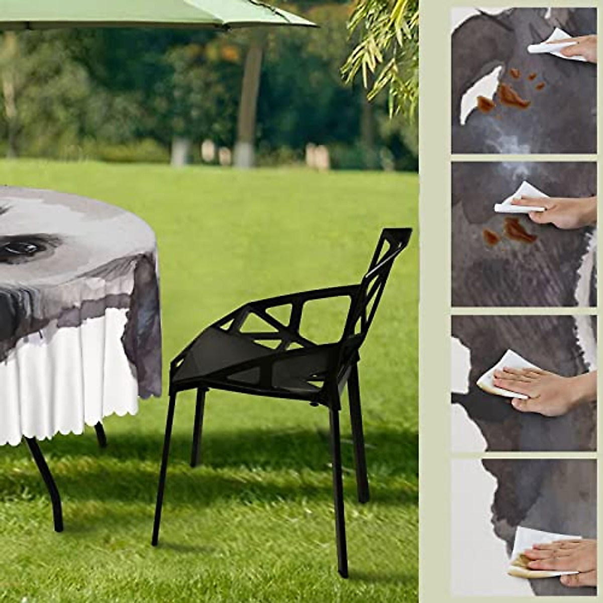 Lirduipu Animal Pattern Round Outdoor Tablecloth,Stain-Resistant Non-Slip Outdoor Round Tablecloth with Umbrella Hole and Zipper,for Patio Garden Tabletop Decor(52" Round,White Beige Black)