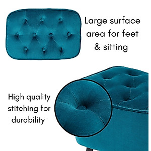 BIRDROCK HOME Tufted Curve Ottoman Velvet Foot Stool - Upholstered Padded Footrest for Living Room or Bedroom - Small Cushioned Accent Chair for Couch, Sofa, Lofted Seating - Modern Furniture - Teal