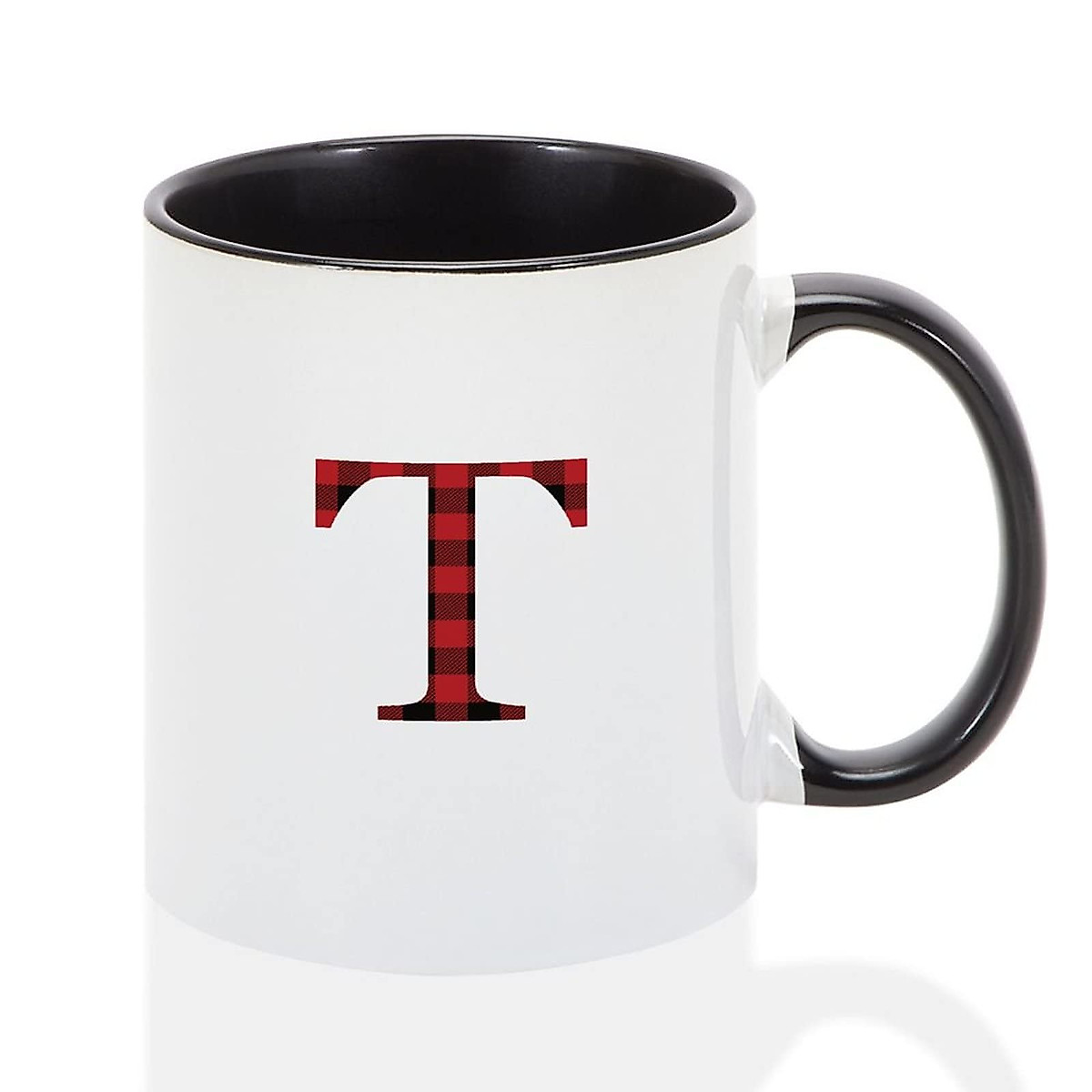 Christmas Red & Black Buffalo Plaid Check Monogram Letter T Coffee Mug - Aesthetic Feminine 26 Letters Mug - English Alphabet Letter Two_Tone Black2 Mug - Christmas Gifts Novelty Cup 11 Oz