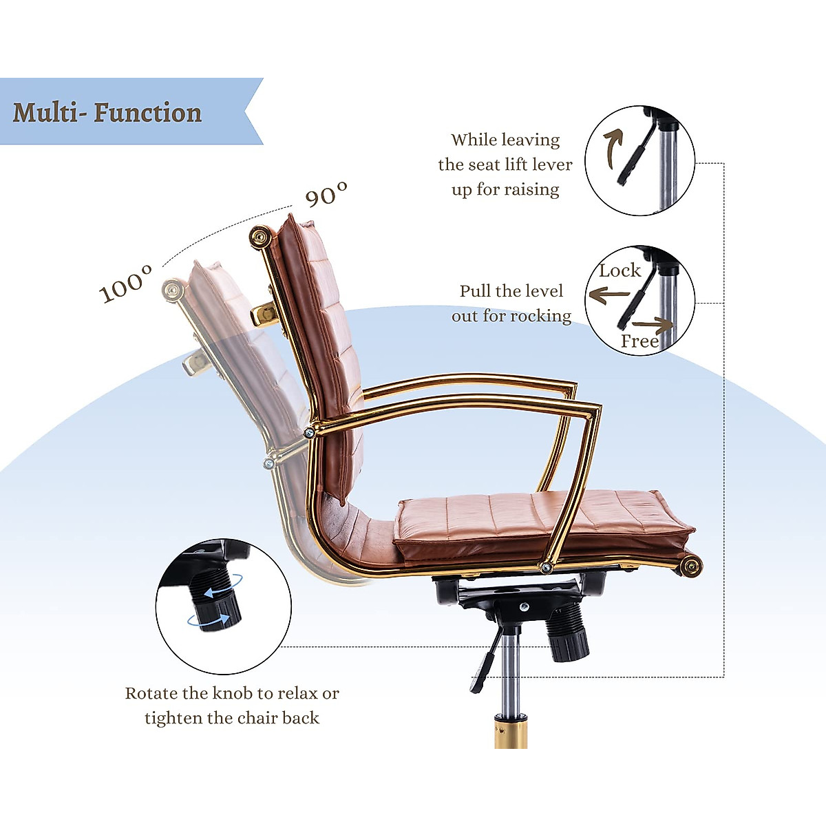 EALSON Modern Leather Office Chair Comfortable Home Office Desk Chair with Wheels and Arms Gold Base Conference Chair Ergonomic Computer Task Chair Adjustable Swivel Chair, Brown