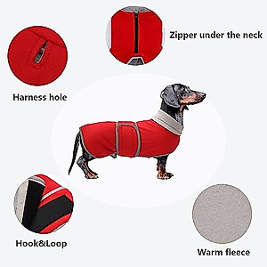 Dachshund Coats Sausage Dog Fleece Coat in Winter Miniature Dachshund Clothes with Hook and Loop Closure and high vis Reflective Trim Safety - Red - XS