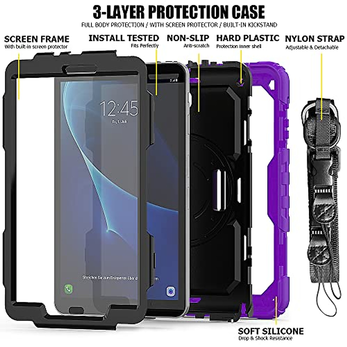 CLARKCAS Case for Samsung Galaxy Tab A 10.1 Case 2016 SM-T580/T585 with Screen Protector Kids Shockproof Rugged Cover Pencil Holder 360 Kickstand Hand Shoulder Strap Purple