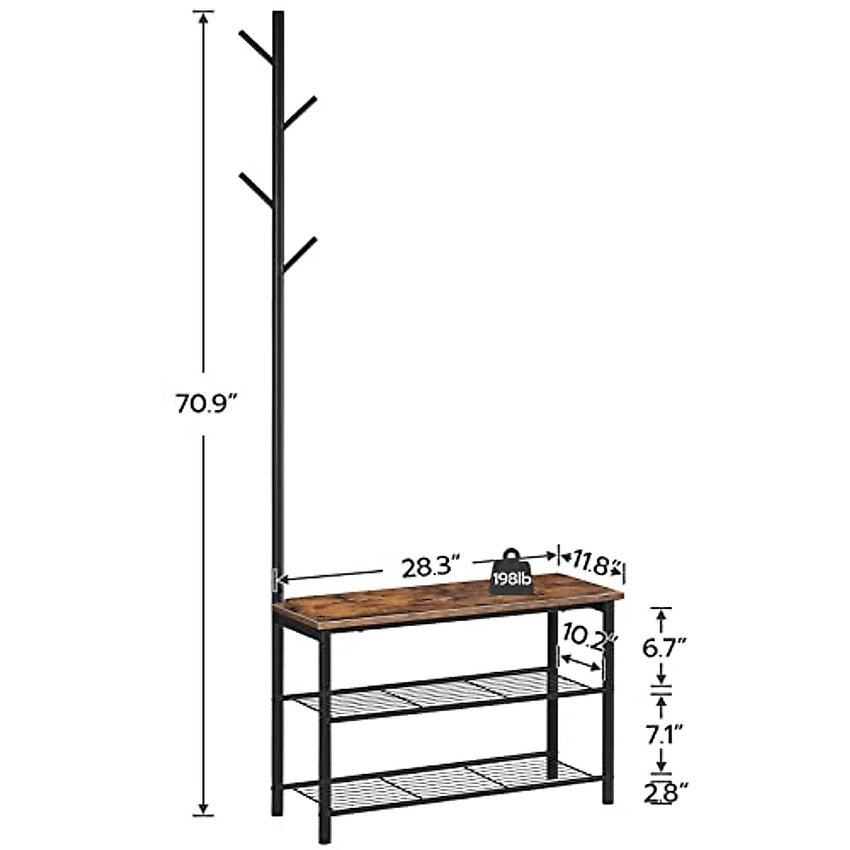 HOOBRO Shoe Bench, 28.3" Entryway Storage Bench with Coat Rack, 3-Tier Shoe Rack with Metal Mesh Shelves, Mudroom Bench, 4 in 1 Rustic Bench for Hallway, Foyer, Doorway, Bedroom BF12HX01