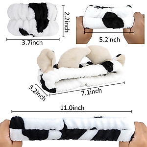 AHONEY Cow Ears Headband Cow Print Skincare Headbands and Wristbands, Cute Spa Wrist Band Fluffy Hand Cuffs Women Girls Kids Facial Makeup Accessories Costume Party Stuff Birthday Gift