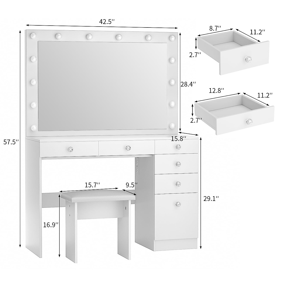 VOWNER Vanity with Lights - 43" Makeup Vanity Desk with Power Outlet, 5 Drawers and 1 Cabinet, 3 Color Lighting Modes with Adjustable Brightness,Makeup Desk with Stool for Women Girls, White