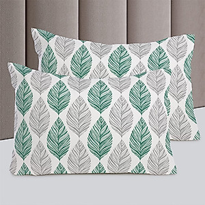 Green and Grey Leaf Texture Duvet Cover Cal. King Size, Gray Abstract Art Leaves Comforter Cover with Zipper Closure, 3 Piece Bedding Sets 1 Duvet Cover 90x106 Inches and 2 Pillow Shams