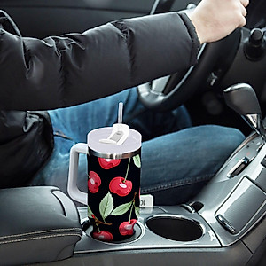 ARGTILDN 40 oz Tumbler Cherry Fruit Leaves Insulated Travel Mug with Handle and Straw Lid Stainless Steel Vacuum Coffee Cup Tea Beverage Container Water Bottles for Car Sports office
