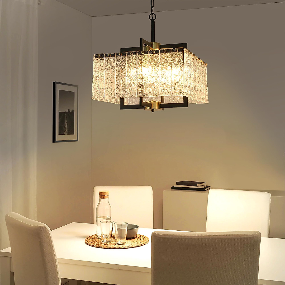 KINGTORO Modern Crystal Chandelier,16" Black Chandeliers for Dining Room, Adjustable Height,Water Ripple Glass,Hanging Pendant Light Fixture for Kitchen Island Entryway Foyer Hallway Living Room