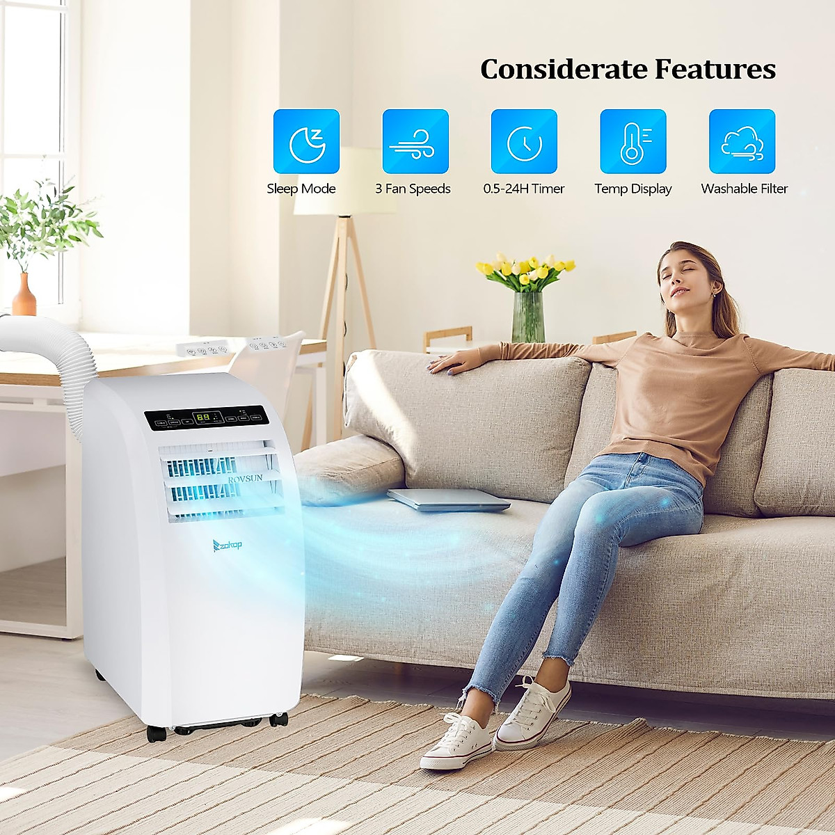 ROVSUN WiFi Enabled 12000 BTU 3-in-1 Portable Air Conditioner, Cooler, Dehumidifier, Fan, Powerful Room Mobile AC Unit with Remote/APP Control, Rolling Wheels & Easy Installation Kit