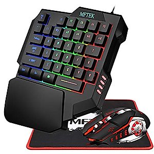 MFTEK One Hand Gaming Keyboard and Mouse Combo, RGB Rainbow Backlit One-Handed Mechanical Feeling Keyboard with Wrist Rest Support, USB Wired Keyboard Mouse and Mouse Pad Set for PC PS4 Gamer