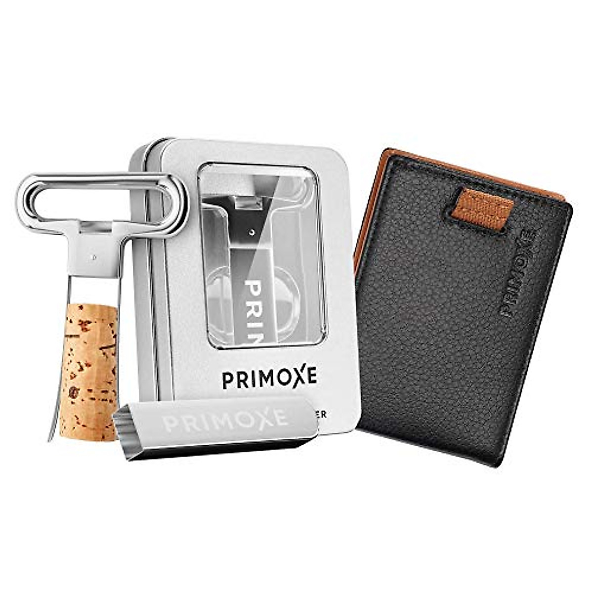 Primoxe Ah So Two Prong Wine Cork Remover with Bottle Opener & Mens Modern Bifold Minimalistic Slim Pocket Wallet - Durable Vegan Leather