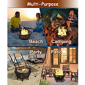 Waaliji 22.5 Inch Portable Plug Fire Pit for Camping, Detachable Outdoor Wood Burning Firepit with Carrying Bag for Outside Patio Heating, Picnic, Bonfire and BBQ, Vertical Hollow Style