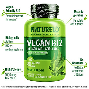 NATURELO Vegan B12 - Methyl B12 with Organic Spirulina - High Potency Vitamin B12 1000 mcg Methylcobalamin - Supports Healthy Mood, Energy, Heart & Eye Health - 90 Capsules