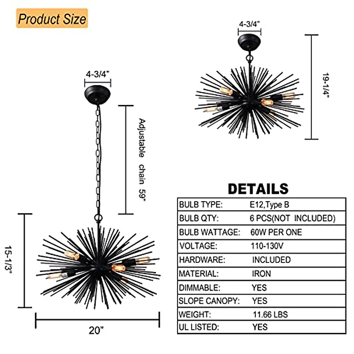 Tescruant Modern Black Sputnik Chandelier Vintage 6-Lights Geometric Black Chandelier Lighting Fixture Farmhouse 20" Firework Chandelier for Dining Room, Bedroom, Living Room, 12LB Solid Metal, E12