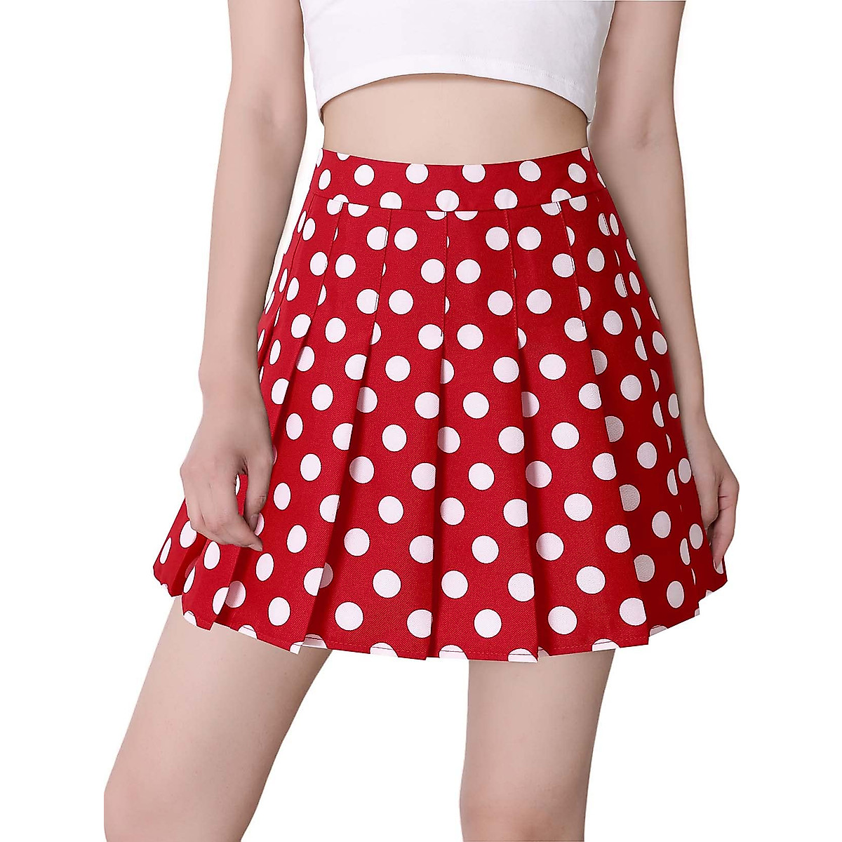 Hoerev Red White Polka Dot Mini Plaid Pleated Skater Tennis School Uniform Skirt with Lining Shorts,US 4