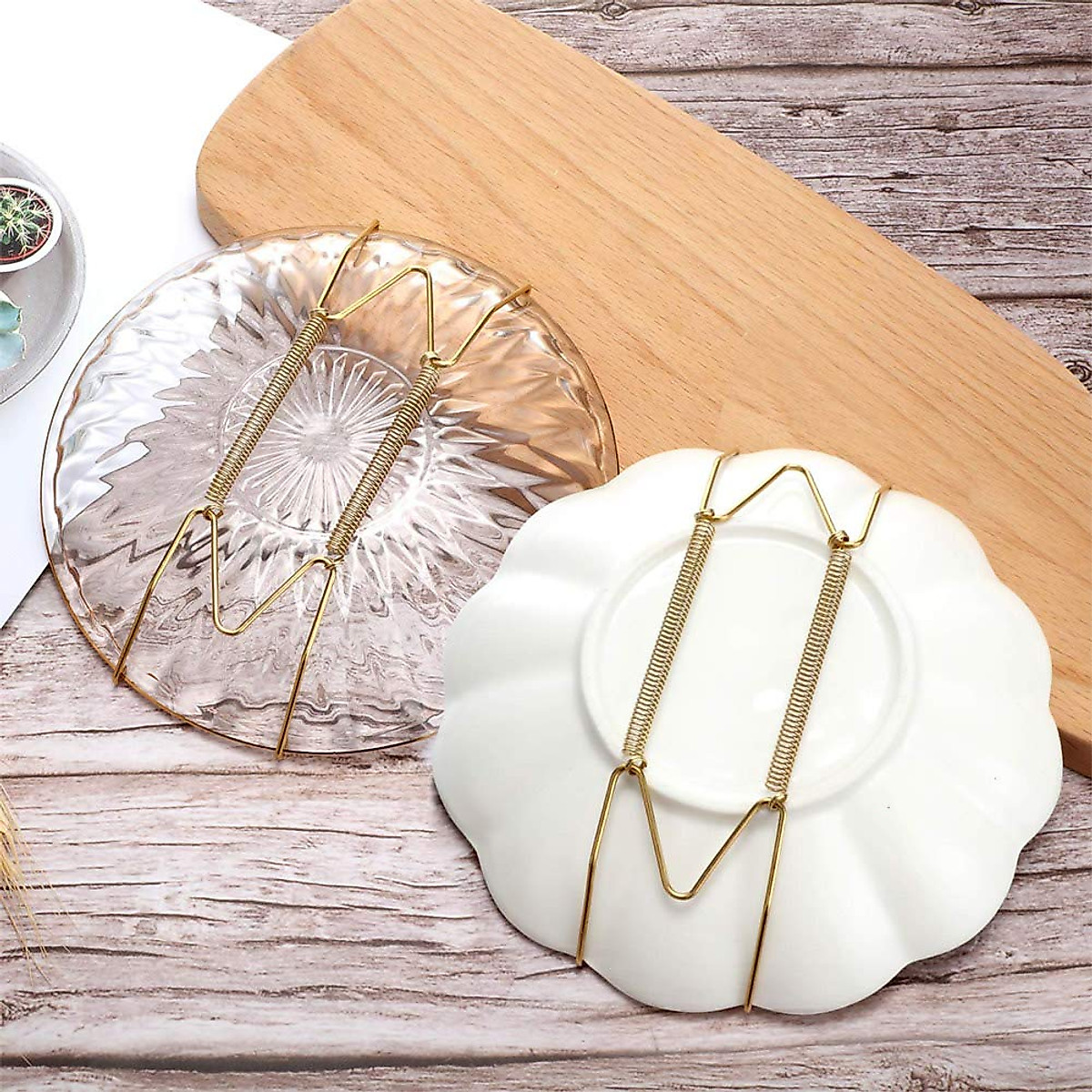 FOCCTS 10 Pack Plate Hangers, 8 Inch Wall Plate Hangers and 15 Pack Wall Hooks, Invisible Display Hanger Brass Coated Holds 7.5" to 8.8" Plates