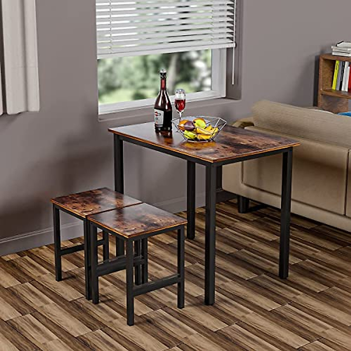 AWQM 3 Piece Dining Table Set, Small Kitchen Table and 2 Stools, Kitchen Breakfast Dining Table Set, Breakfast Table of 35.43 x 23.62 x 29.92 inches, Stools of 13.8 x 13.8 x 17.8 inches, Rustic Brown