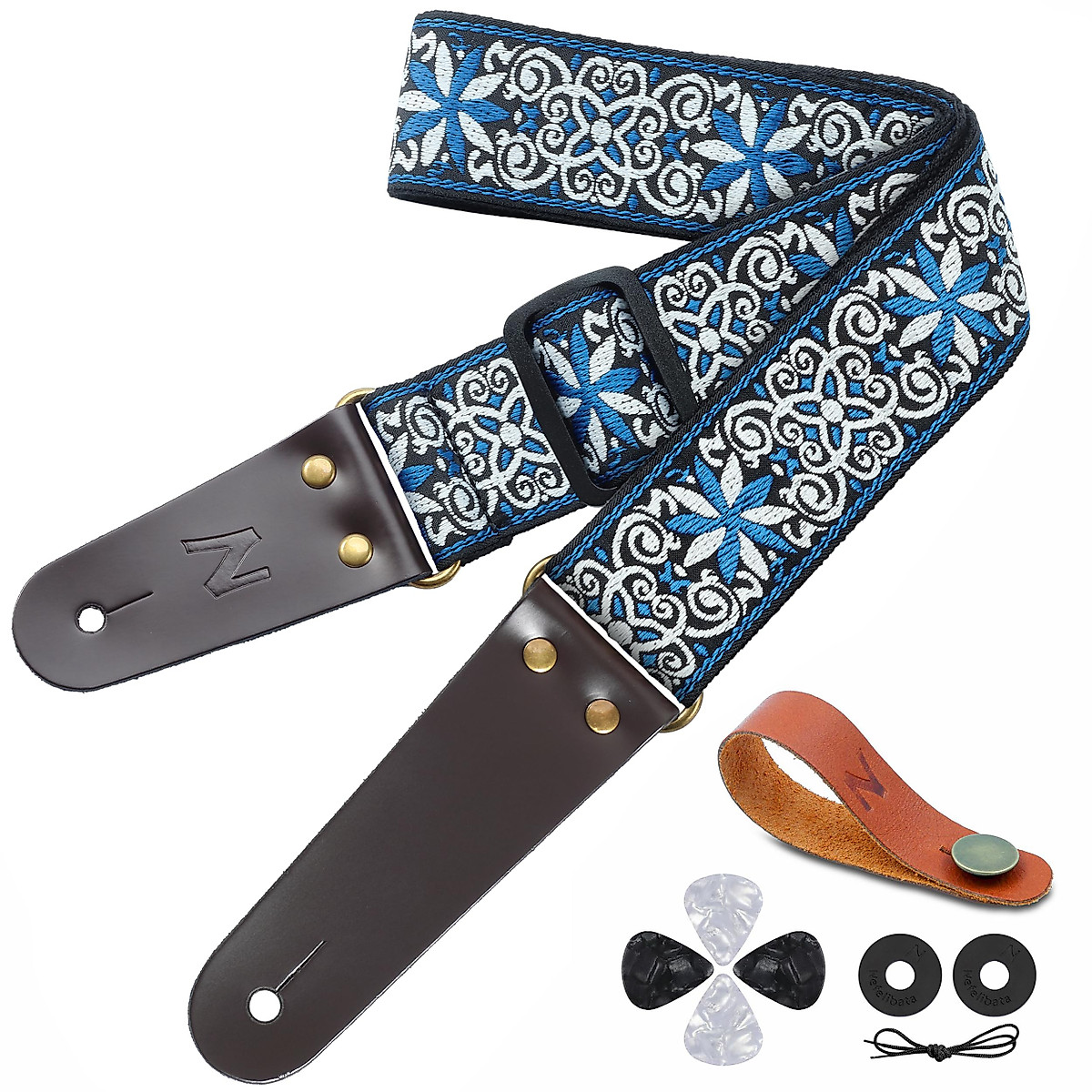 Guitar Strap, Vintage Embroidered Cotton Guitar Straps with Genuine Leather Ends for Bass, Electric & Acoustic Guitars, Come with Free Strap Button, 1 Pair Strap Locks and 4 Guitar Picks (Blue Flower)