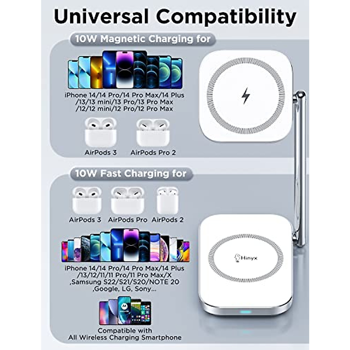 2-in-1 Foldable Magnetic Wireless Charger Stand with MagSafe Charging Station for iPhone 14 13 12 11/Pro/Pro Max/Plus/Mini/XS/XR/X/8, Samsung Phones, AirPods 3/Pro/2