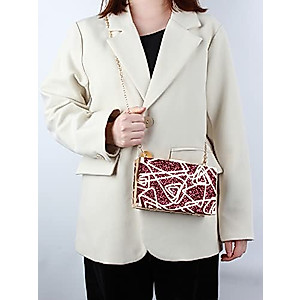Reberomantic Women Metal Handbag Chain Geometric Evening Clutch Purse (W-Dark Red)