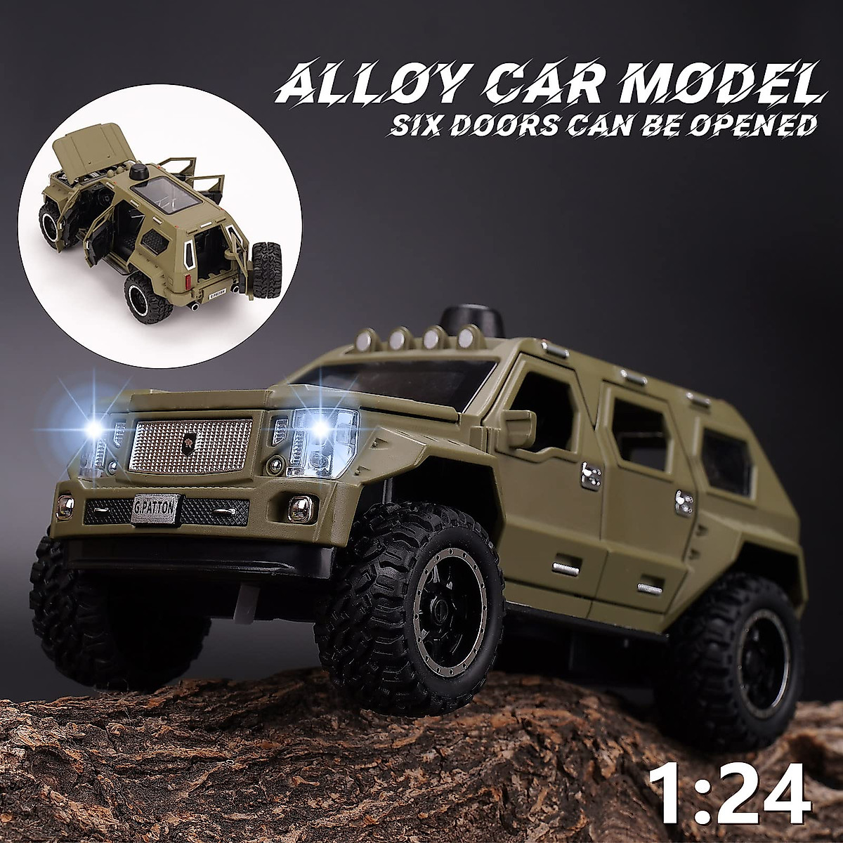 ORALEAF Die Cast Metal Toy Cars, 1/24 Scale Off-Road Car Toy Model with Sound and Light, Gifts for 3 Year Old Boys and up