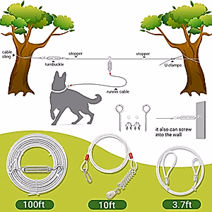 Dog Tie Out Cable - 100 ft Long Dog Cable with 10 ft Run Cable for Yard Training Running Camping Hiking Outdooor - Heavy Duty Chew Proof Lead Leash with Buffer Spring for Small Medium Large Dog