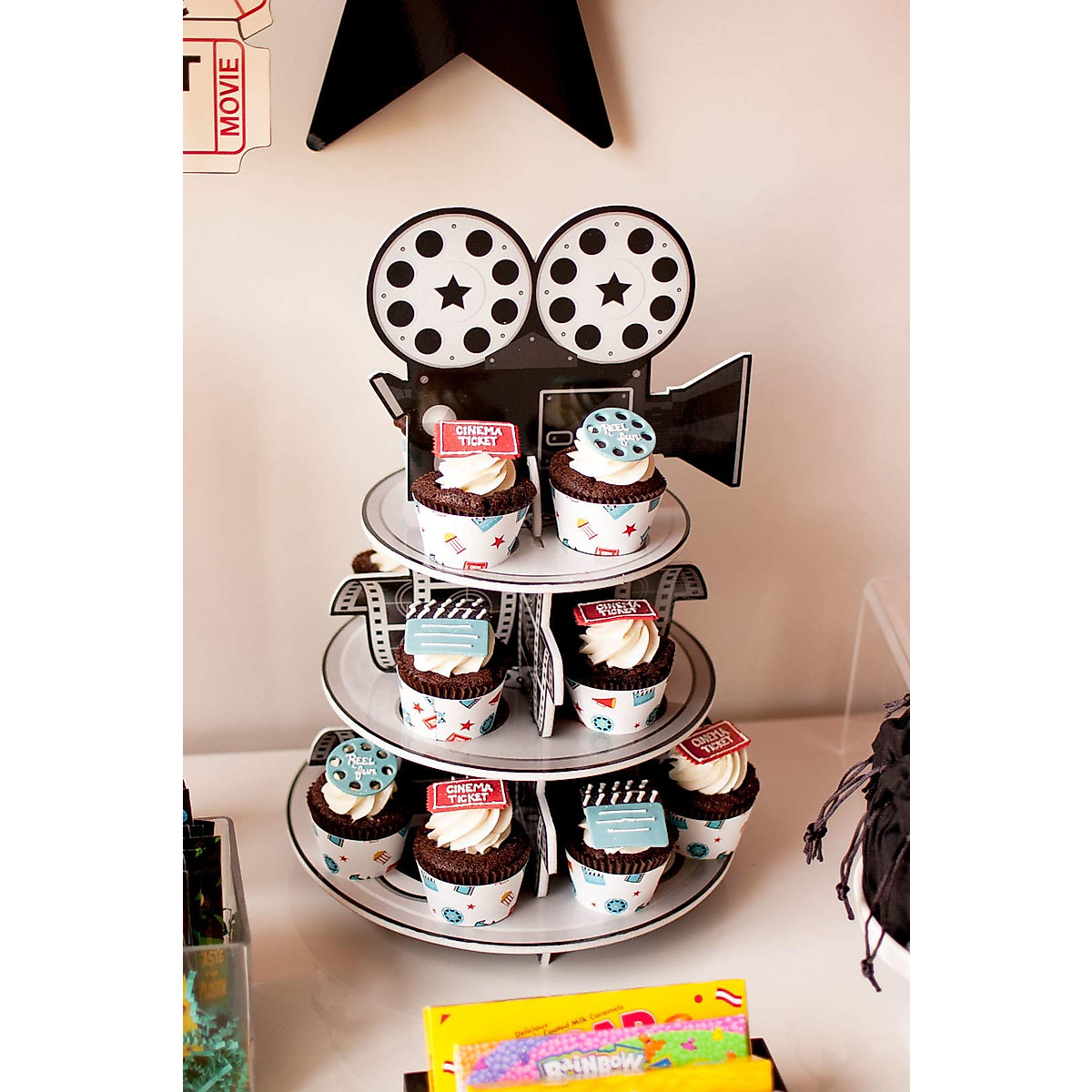Qidiwin 3 Tier Cupcake Foam Stand with Movie Reel Design for Party Decorations , Movie Reel Cupcake Stand
