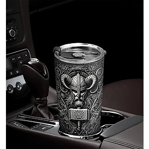 20oz American Viking Tumbler, Viking Gifts for Men, Norse Mythology Gifts, Coffee Thermos for Men, Stainless Steel Double Wall Vacuum Insulated Coffee Mug, Travel Cup with Lid