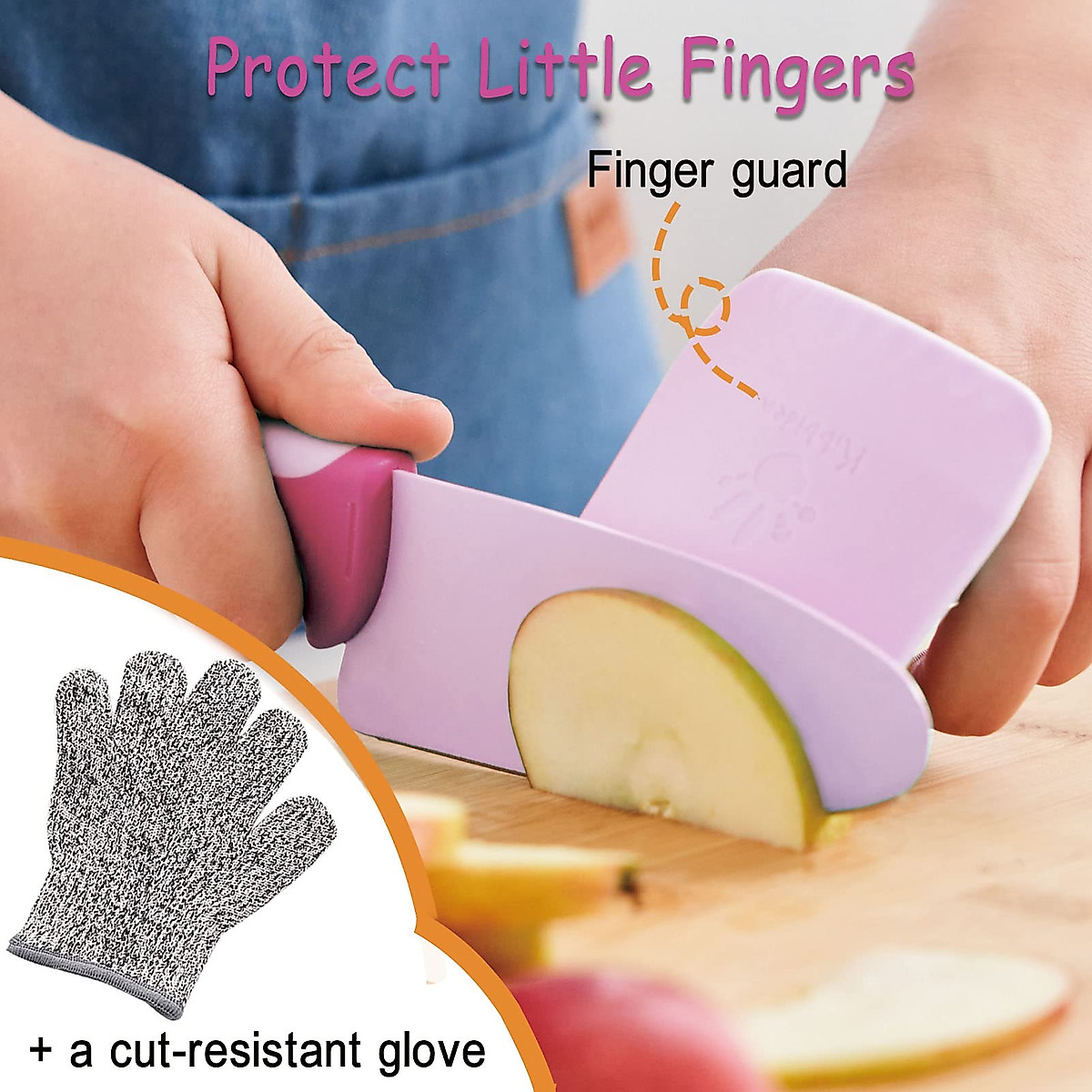 Kibbidea Kid Chefs Knife for Real Cooking, Stainless Steel Kids Kitchen Knife, BPA-Free Kids Friendly Knife with Finger Guard, Cut-proof Glove, Kids Chef Knives Set for Cutting (Purple)