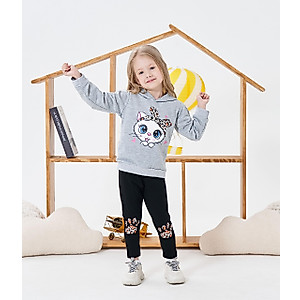 Axumity Toddler Girl Clothes Cat Print Pullover Sweatshirt + Leopard Print Pant 2-Piece Kid Girl Fall Winter Pants Set(4-5T)