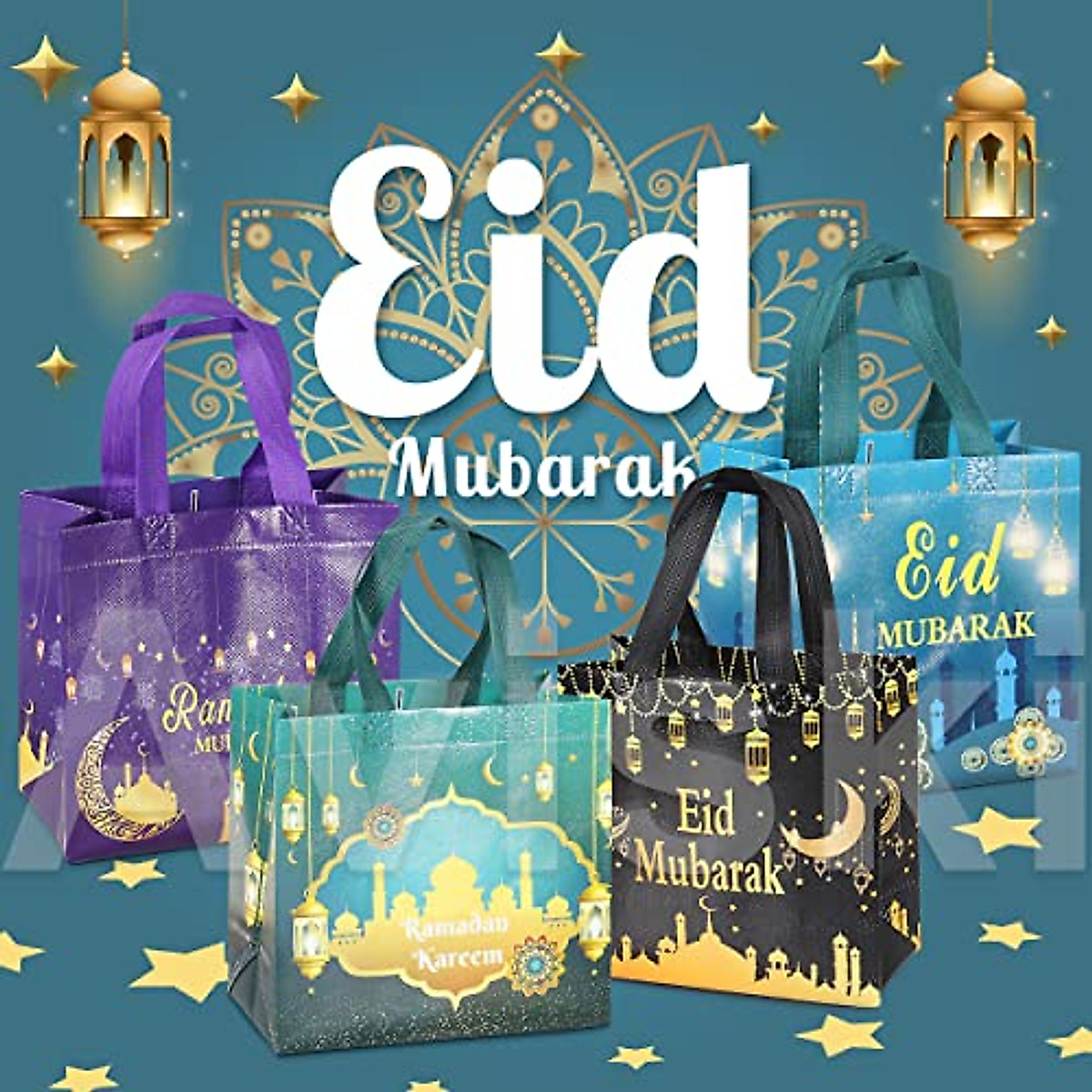 Aviski 16PCS Eid Mubarak Reusable Gift Bags, Treat Bags with Handles, Ramadan Mubarak Party Bags, Multifunctional Non-Woven Eid Bags for Gifts Wrapping, Ramadan Kareem Party Supplies, 23×22×11cm