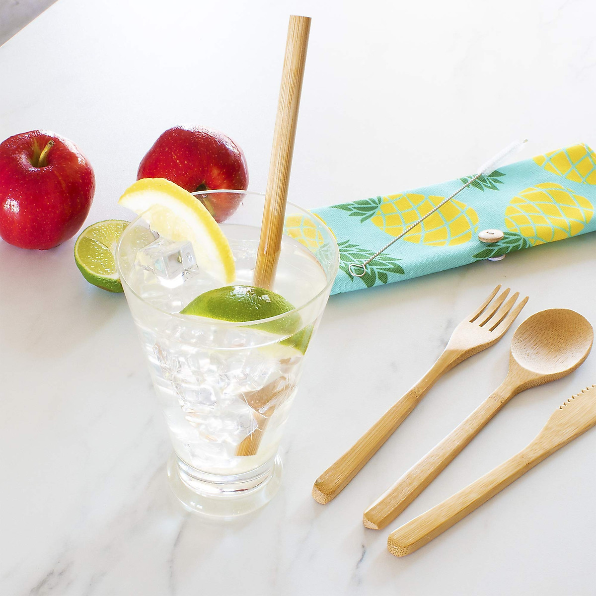 Totally Bamboo Take Along Reusable Bamboo Utensil Set with Straw, Dishwasher Safe, Pineapple Design