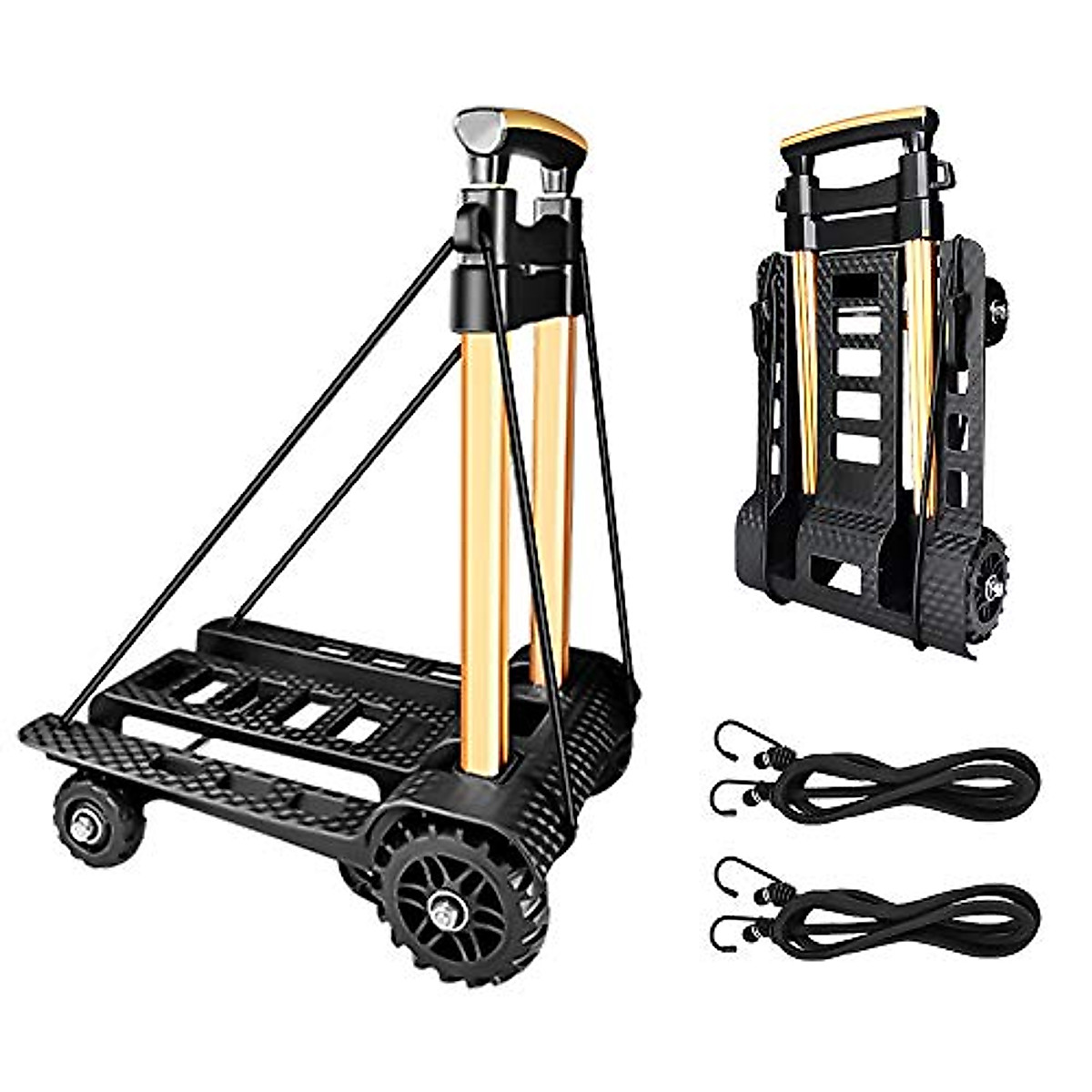 Folding Hand Truck Portable Dolly Compact Utility Luggage Cart with 70Kg/155Lbs Heavy Duty 4 Wheels Solid Construction Adjustable Handle for Moving Travel Shopping Office Use (Black)