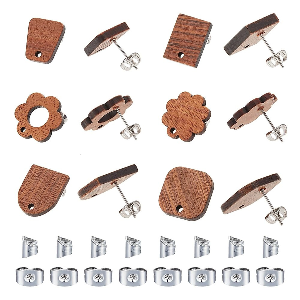 arricraft 24 Pcs 6 Styles Wood Stud Earrings Posts with Loop, Natural Wooden Square/Flower/Rectangle/Arch Stud Earring Findings with 30Pcs Ear Nuts for Earring Jewelry Making