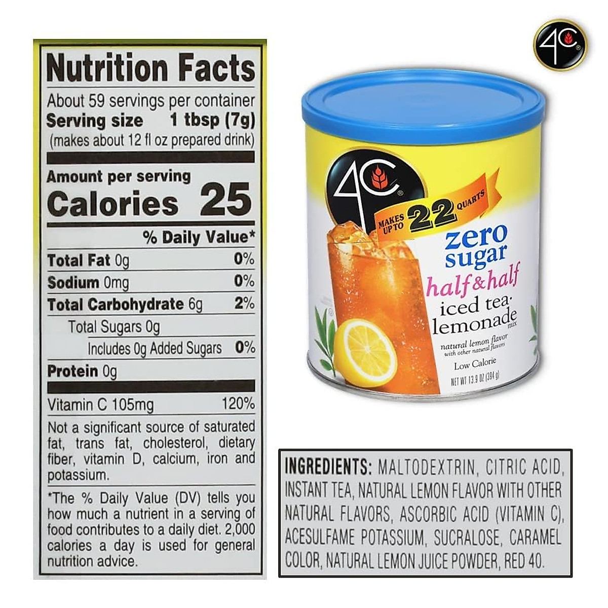 4C Light Powdered Drink Mix Cannisters, Zero Sugar Half & Half, 22 Quarts, Family Sized Cannister, Low Calorie, Thirst Quenching Flavors (Light Half & Half, 13.9 Ounce (Pack of 2))