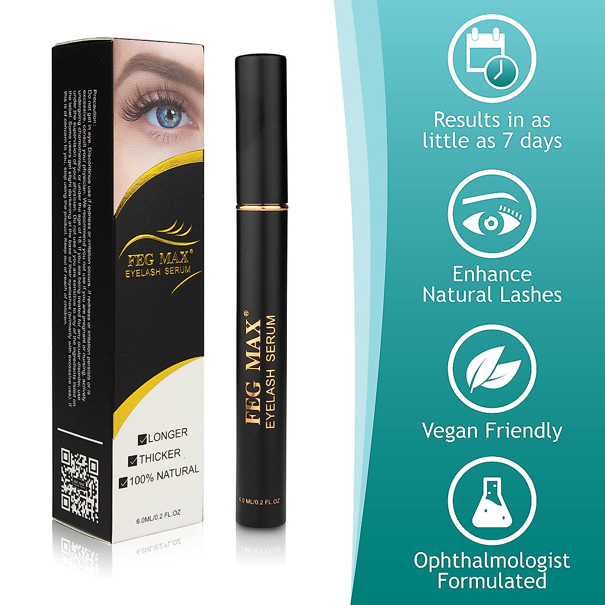 FEG Max Eyelash Serum | For Lash and Brow | Fast Effective Growth Creates Longer & Darker Eyelashes | Natural Eyelash Serum to Grow Lashes | 6 mL