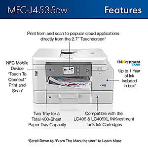 Brother MFC Series INKvestment Tank All-in-One Color Inkjet Printer with NFC, Print Scan Copy Fax, Auto 2-Sided Printing, 4800 x 1200 dpi, Built-in Wireless, White, Bundle with Cefesfy Printer Cable