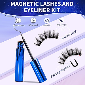 Magnetic Eyelashes and Eyeliner Kit, Premium Magnetic Lashes 3D Natural Look with Eyeliner and Tweezers, Lightweight & Sweatproof False Eyelashes No Glue Needed, Easy to Wear and Reusable (7 Pairs)