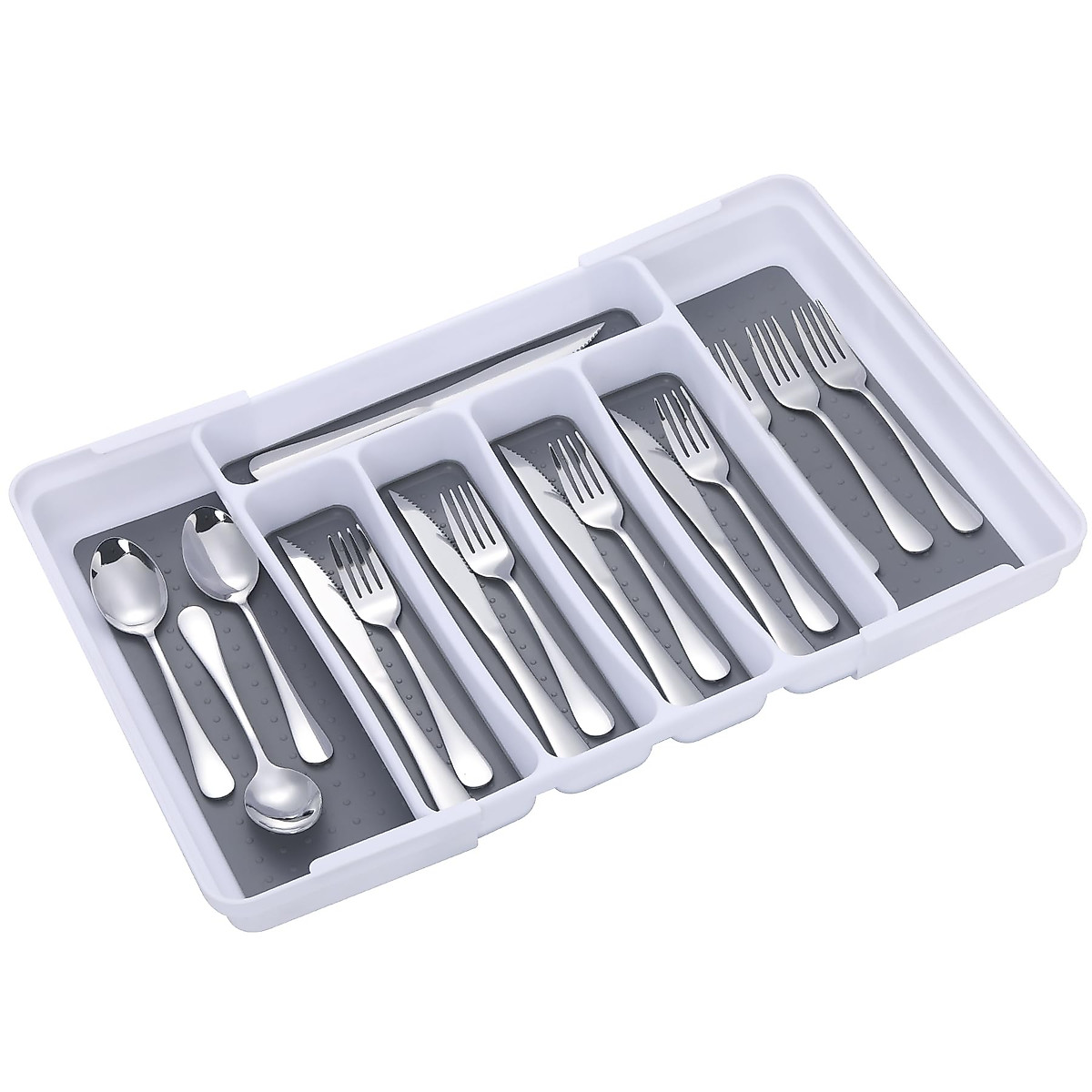 CiWiVOKi Utensil Drawer Organizer, Expandable Silverware Organizer for Kitchen Drawer, Large Cutlery Tray Flatware Holder, Plastic Kitchen Storage for Spoons Knives Forks, 7-Slots, White/Grey