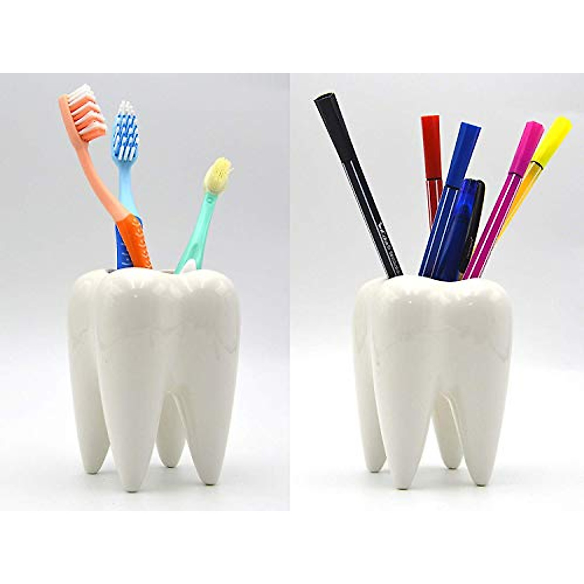 MONMOB Ceramic Tooth Shaped Pen Pencil Toothbrush Holder Pot Succulent Plant Pot Home Office School Dentists Gift (3.9")