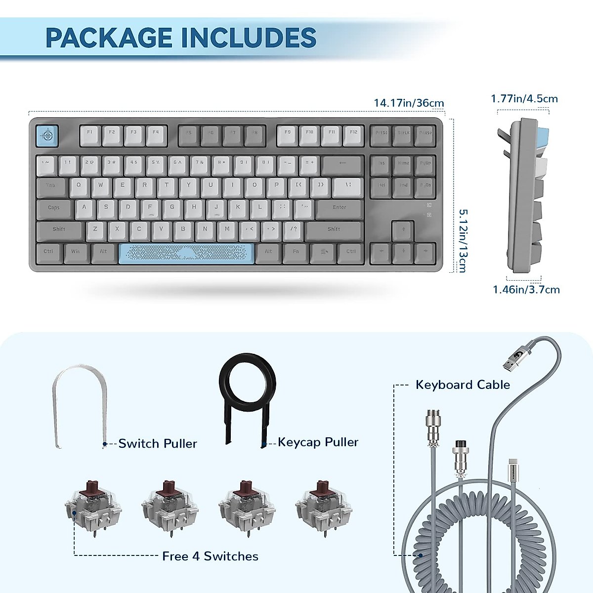 MAGIC-REFINER AK873 Gaming Keyboard,Rainbow Led Backlit,Hot-Swappable,PBT Keycap,75% TKL Layout,Ergonomic Mechanical Keyboard with Custom Coiled USB/Type-C Aviation Cable(Blue Grey/Brown Switch)
