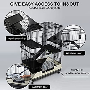4-Tier 32" Small Animal Metal Cage Height Adjustable with Lockable Casters Grilles Pull-Out Tray for Rabbit Chinchilla Ferret Bunny Guinea Pig Squirrel