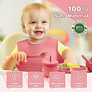 ANAVIL 8 Pack Baby Feeding Set, Silicone Toddlers Weaning Feeding Sippy Cup with Straw and Lid Baby Feeding Supplies Set (8Pack Pink)