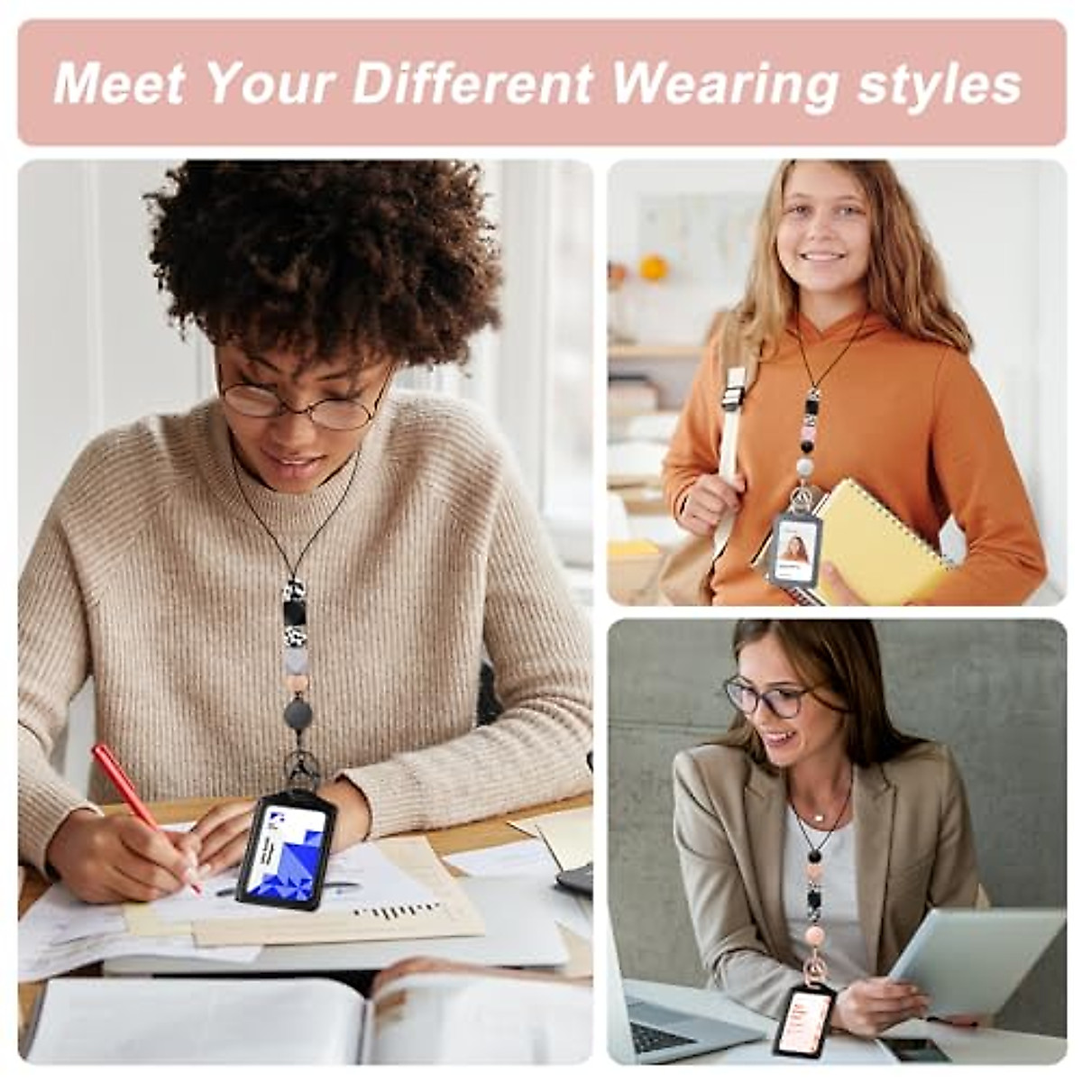 kioooki Rectractable Lanyards for ID Badges and Keys with ID Holder, Cute Beaded Teacher Lanyard with Badge Reel, Breakaway Cruise Lanyard for Women with 6 Clear Badge Holders