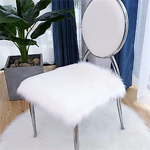 OKAYDA Square Faux Sheepskin Chair Cover Seat Cushion Pad Super Fluffy Soft Fur Rug for Vanity Chair, Car Seat, Sofa, Living Room, Office (18"*18", White)