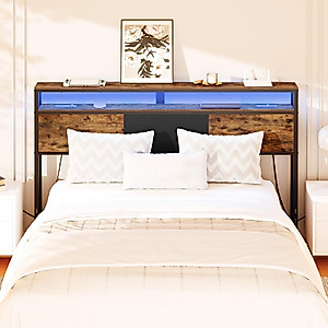 HOOBRO Queen Size Headboard, LED Headboard with 2 Storage Shelves, Storage Rack with 2 Outlets and 4 USB Ports, Adjustable Height, Sturdy and Stable, Easy Assembly, Rustic Brown and Black