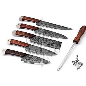 World Points 1027 Rose Wood Damascus Kitchen Knife Set Professional 6 Piece, Handmade Damascus Steel Chef Knife Set with Chopper/Cleaver And 6 Pocket Original Leather Roll Bag, WP-1027